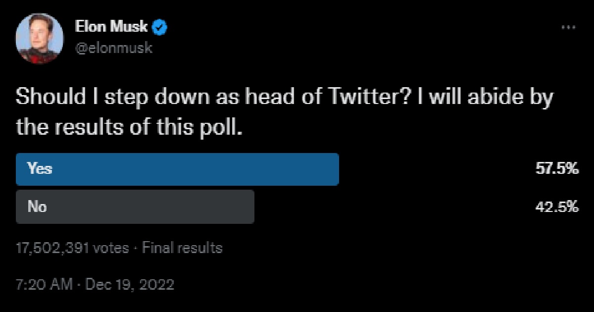 ELON MUSK ASKS IF HE SHOULD STEP DOWN AS HEAD OF TWITTER IN TWITTER ... ELON MUSK ASKS IF HE SHOULD STEP DOWN AS HEAD OF TWITTER IN TWITTER ...