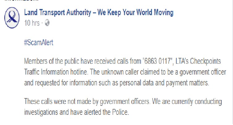 BEWARE OF SCAM CALLER CALLING FROM LTA CHECKPOINTS TRAFFIC INFORMATION ...
