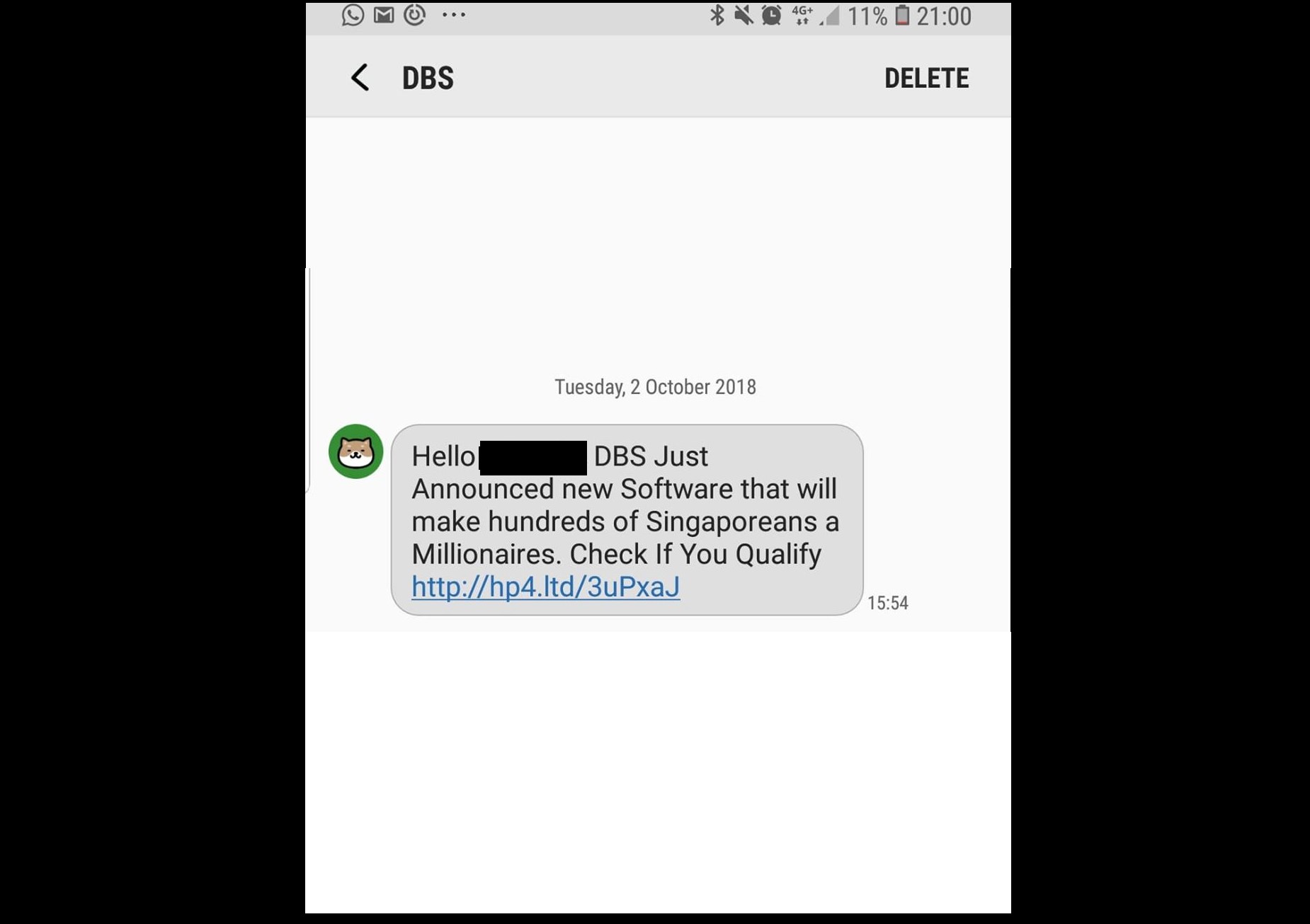 BEWARE OF FAKE DBS SMS. "MAKE U MILLIONAIRES"