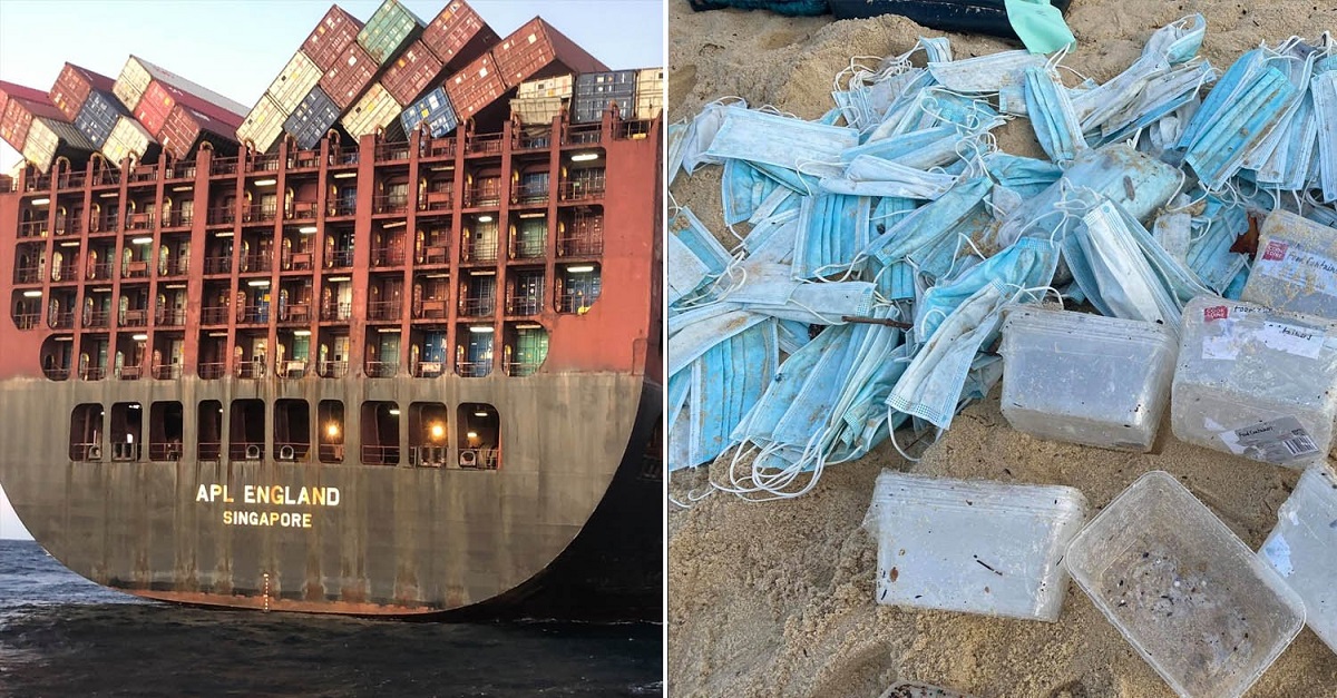 40 CONTAINERS OF FACE MASK FROM SG SHIP WASHED ASHORE IN SYDNEY