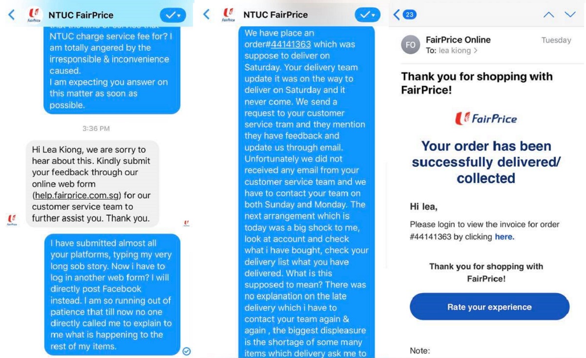 CUSTOMER COMPLAINS OF LATE DELIVERY & MISSING ITEMS FROM NTUC