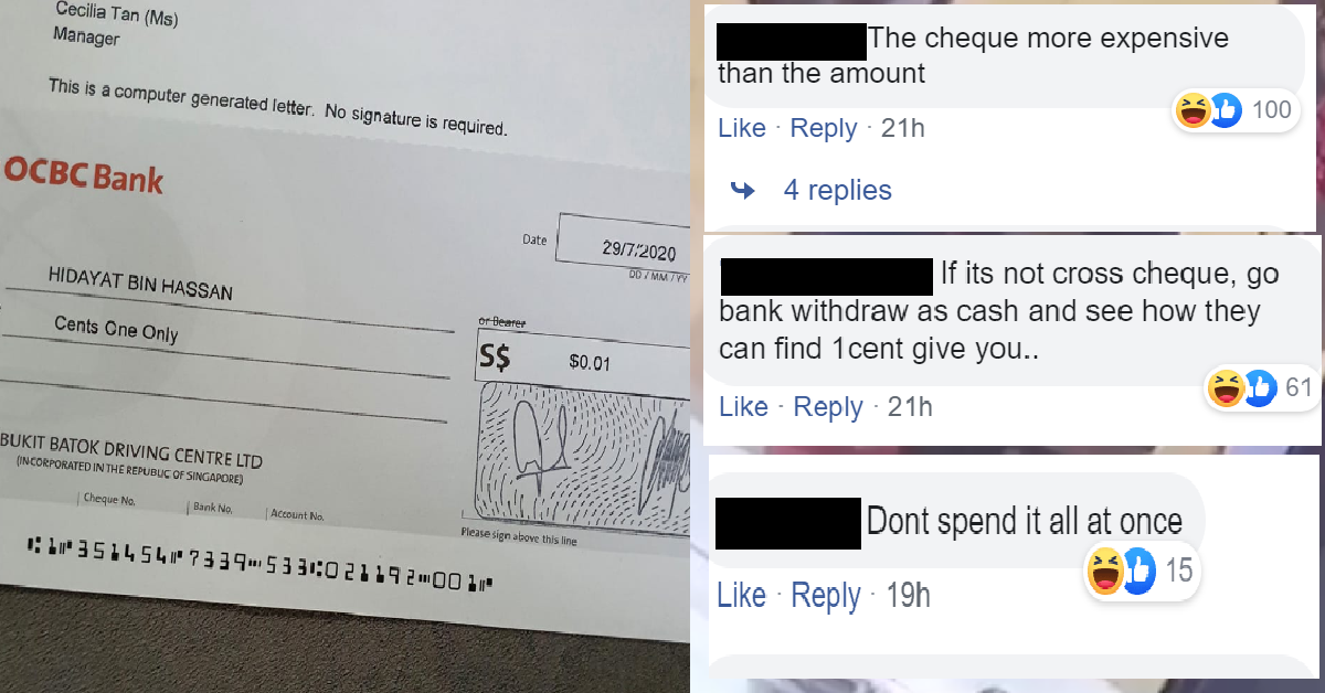 MAN RECEIVES OCBC CHEQUE FOR SGD$0.01 FROM BUKIT BATOK DRIVING CENTRE