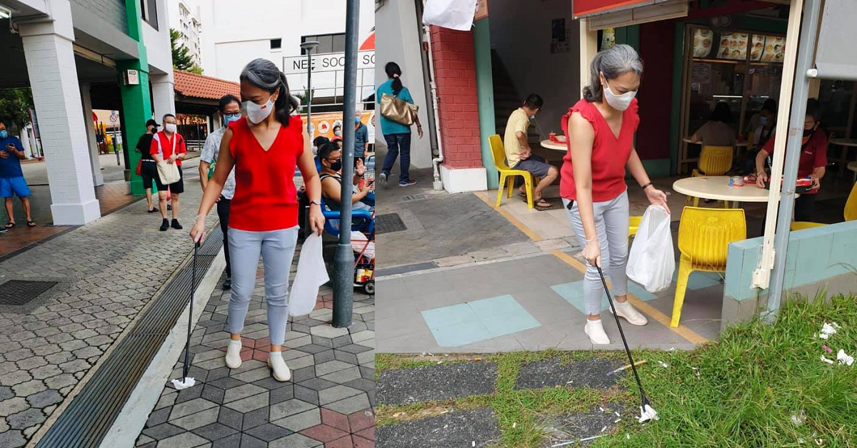 NEE SOON MP CARRIE TAN PICKS UP LITTER NEAR COFFEESHOP