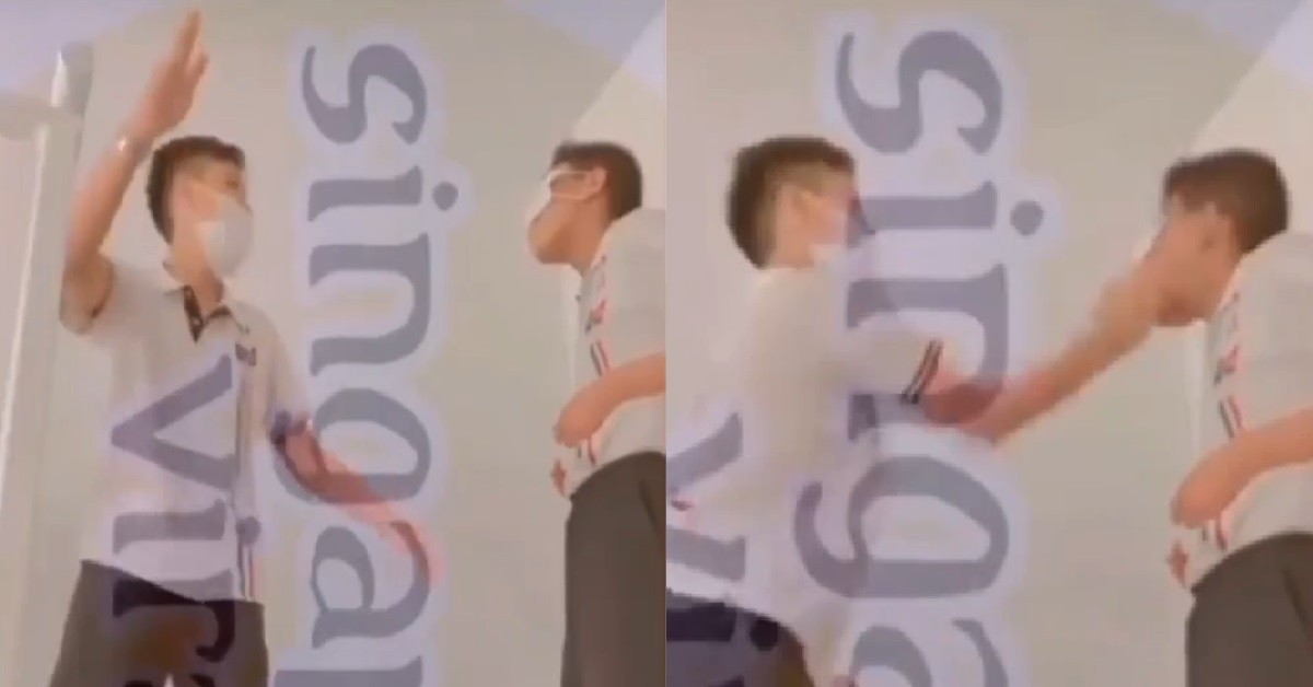 BOI BOI STAND NICELY AGAINST WALL, FOR FRIEND TO GIVE HIM ONE TIGHT SLAP