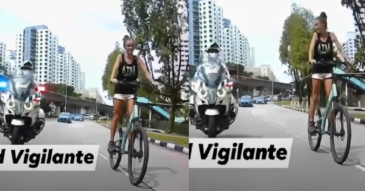 ANG MOH CYCLIST RIDING BIKE WITH NO SEAT, NO HELMET, CAUGHT BY TP