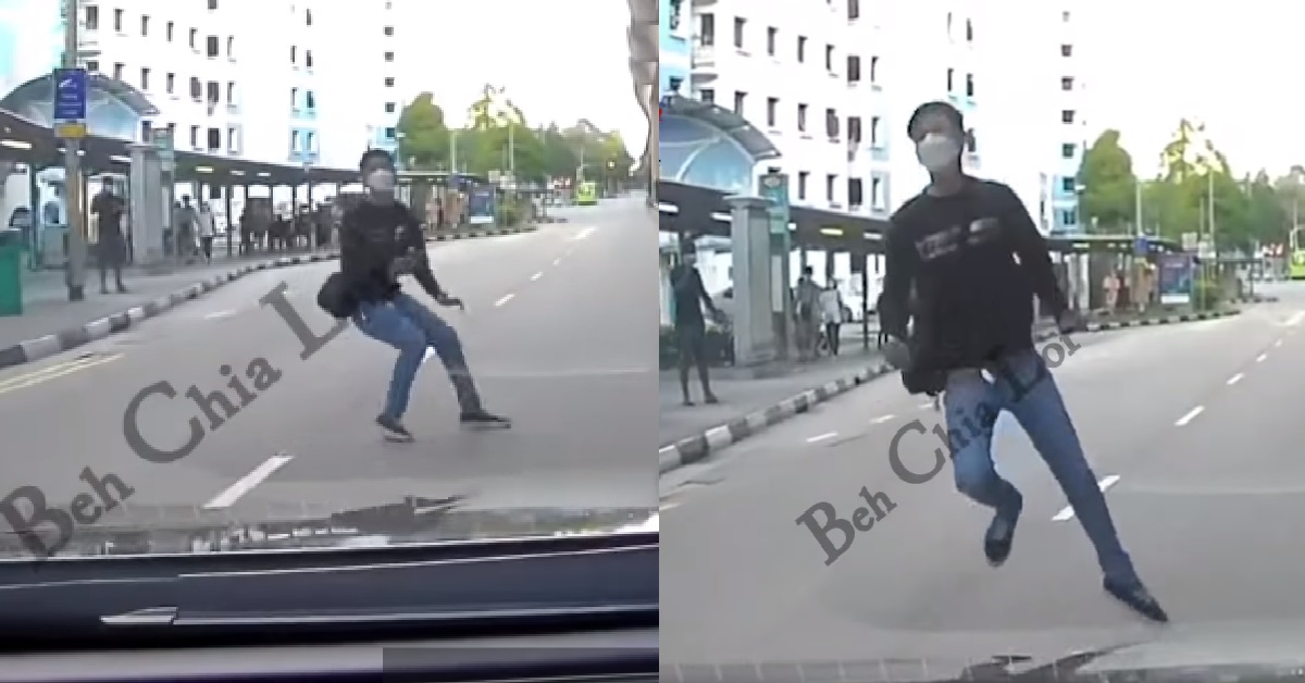 GUY USING PHONE & JAYWALKING ALMOST KENA BANG, TURN AROUND & RUN BACK