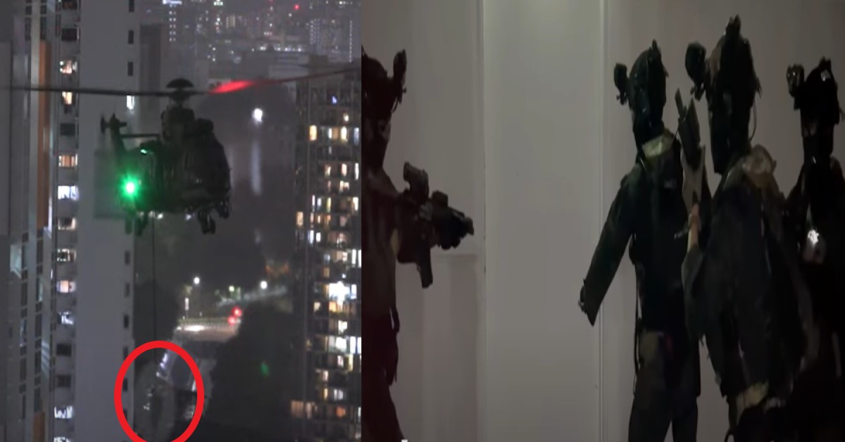 SPECIAL FORCES ARRIVE BY HELICOPTER IN SAF EXERCISE AT STAR VISTA