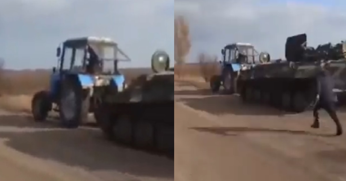 UKRAINE FARMER STEALS RUSSIAN TANK, TOWS IT AWAY WITH TRACTOR