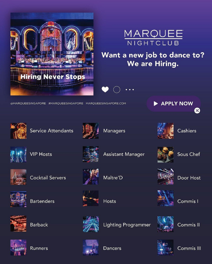 MARQUEE NIGHTCLUB IS HIRING, 18 DIFFERENT POSITIONS ARE AVAILABLE