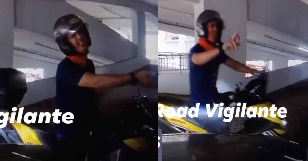 MOTORCYCLIST RIDES AGAINST TRAFFIC FLOW, POINTS MIDDLE FINGER