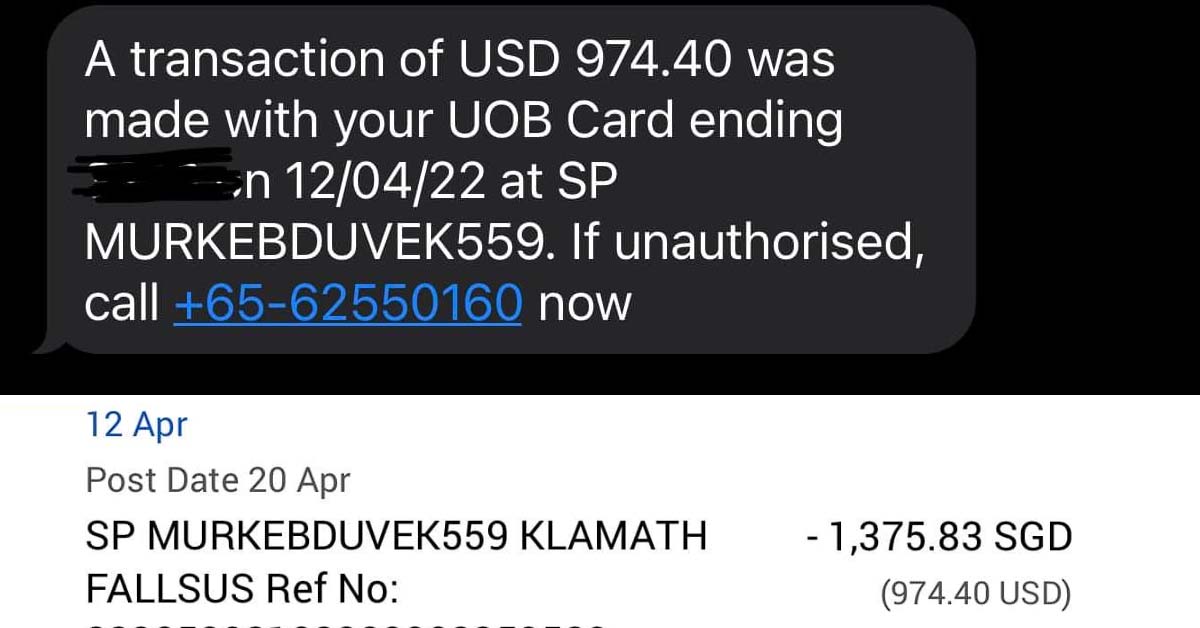 OVER $1300 DEDUCTED FROM MAN'S UOB CARD WITH NO OTP