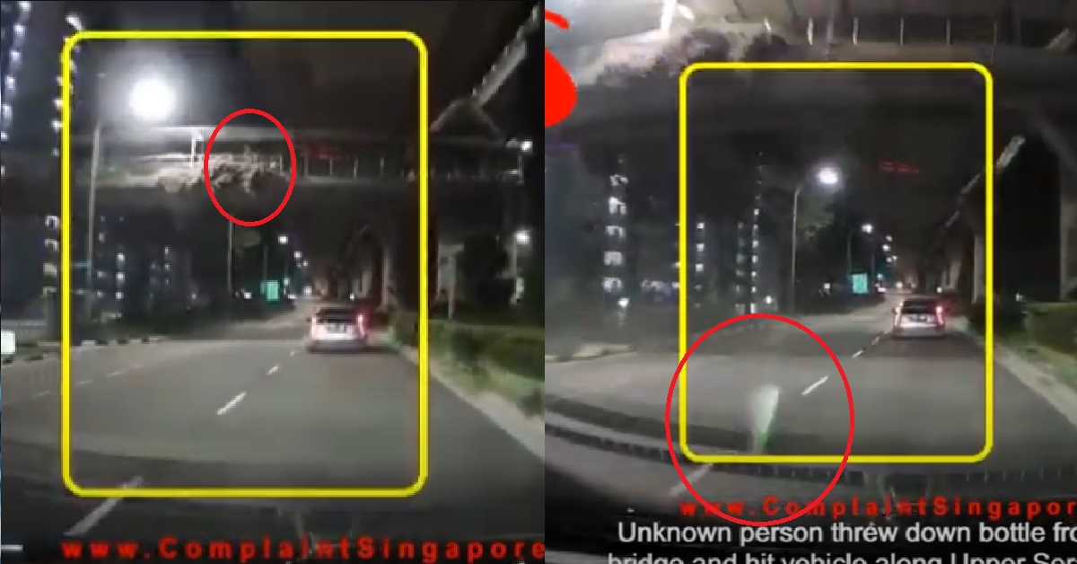 LITTERBUG THROWS BOTTLE DOWN OVERHEAD BRIDGE & HITS PASSING CAR