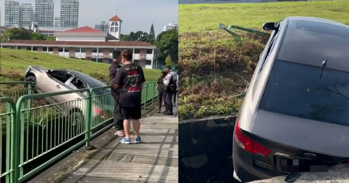 CAR CRASHES THROUGH ROADSIDE FENCE AND ENDS UP "SITTING" INSIDE LONGKANG