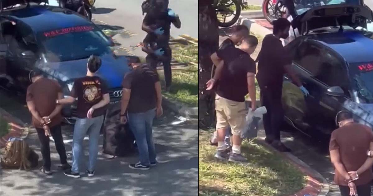 TWO MEN IN HANDCUFFS AND GETTING SEARCHED BY OFFICERS