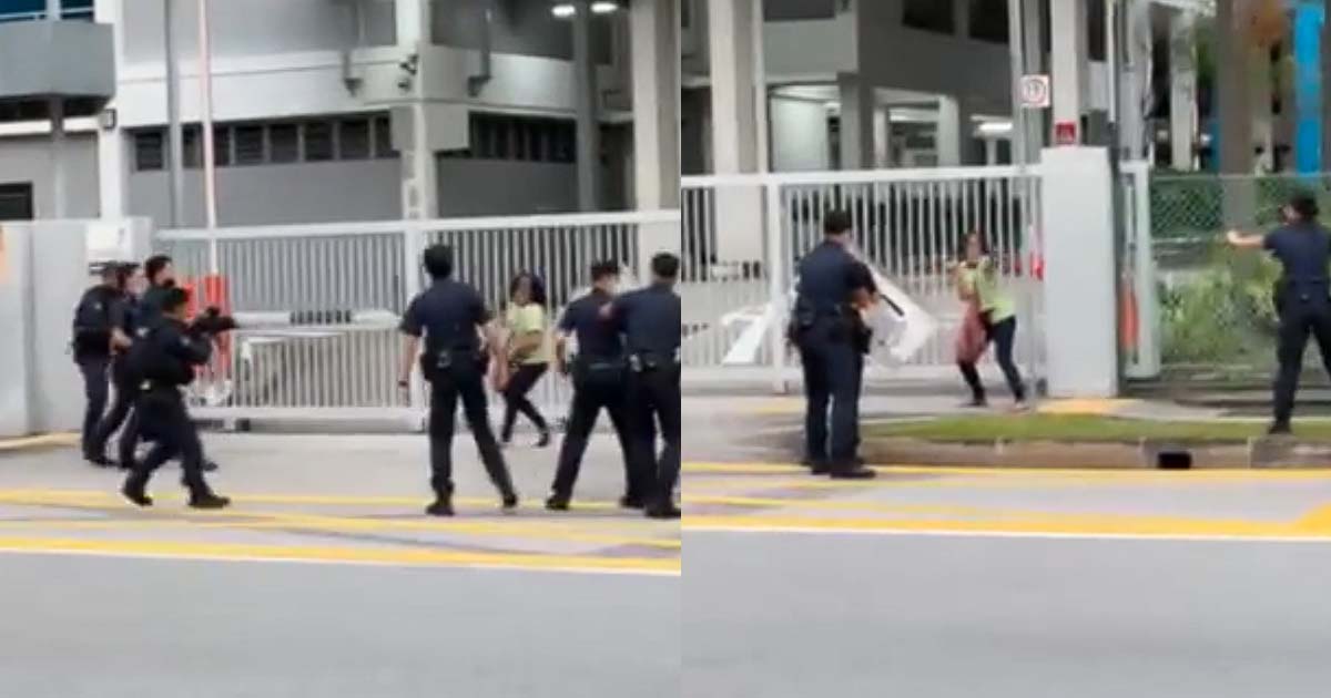 WOMAN WITH KNIFE SURROUNDED BY POLICE OFFICERS OUTSIDE ST HILDA'S SEC ...