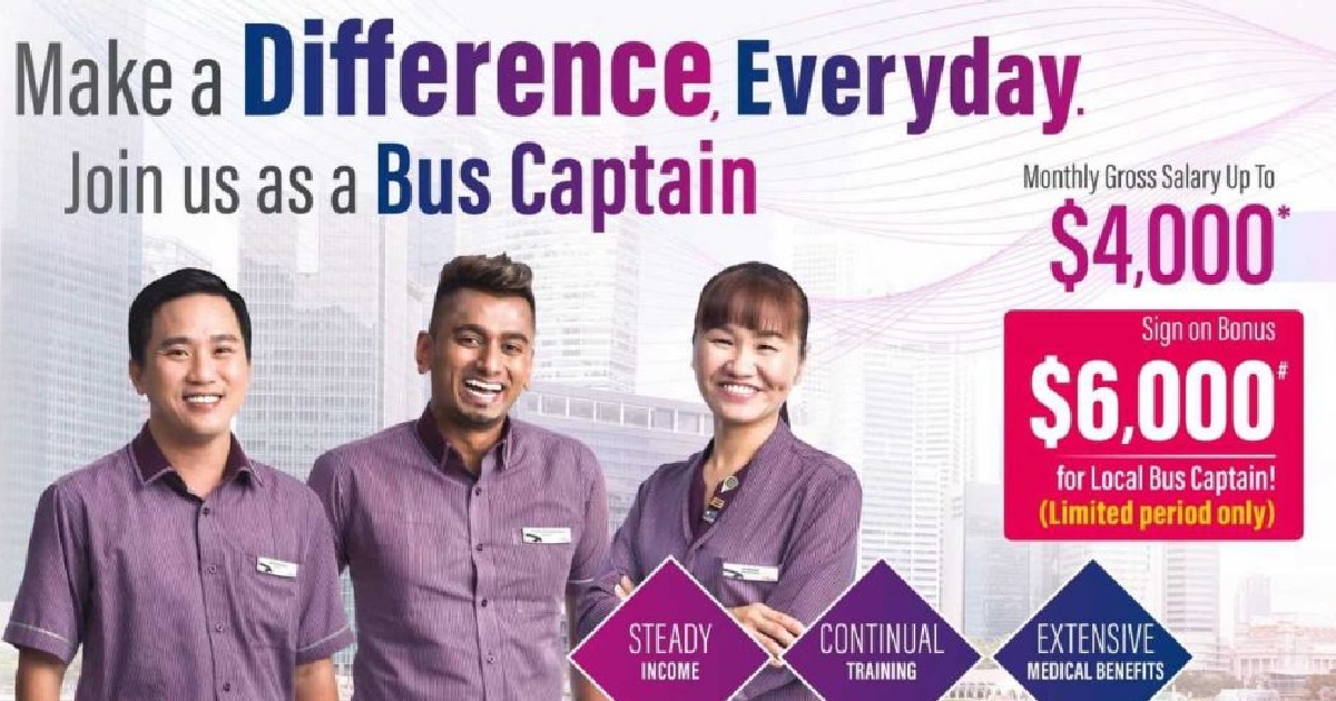 SBS TRANSIT HIRING BUS CAPTAINS, SALARY UP TO $4K PLUS SIGN-ON BONUS OF $6K