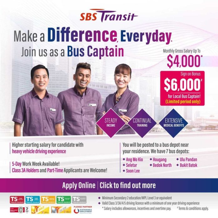 SBS TRANSIT HIRING BUS CAPTAINS, SALARY UP TO $4K PLUS SIGN-ON BONUS OF $6K