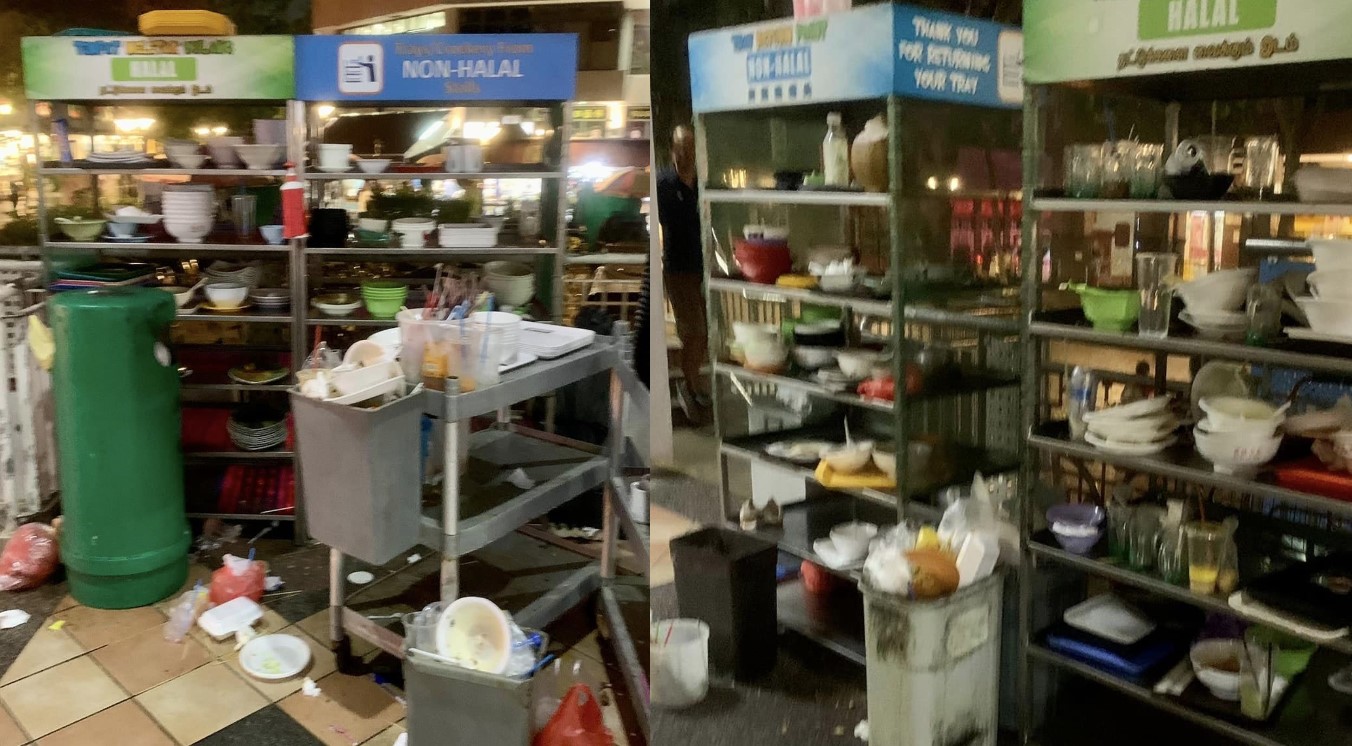 USED CUTLERIES SEEN STREWN ALL OVER TRAY RETURN AREA @ ALBERT CENTRE ...