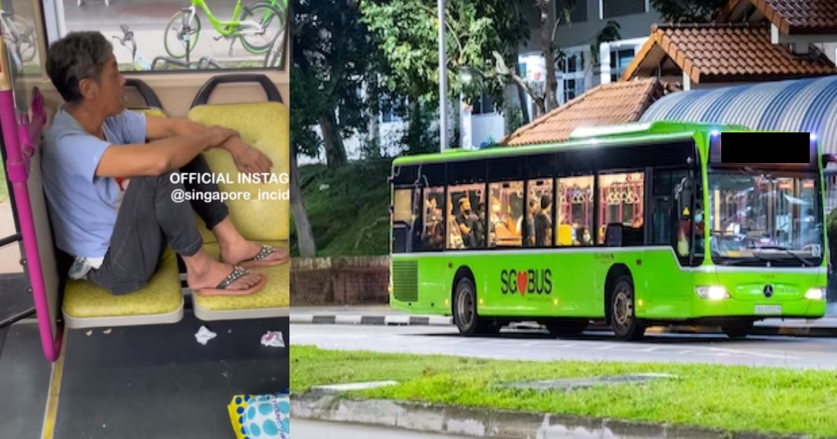 UNCLE SEEN SITTING ON BUS WITH LEGS ON SEAT, BELONGINGS ALL OVER FLOOR