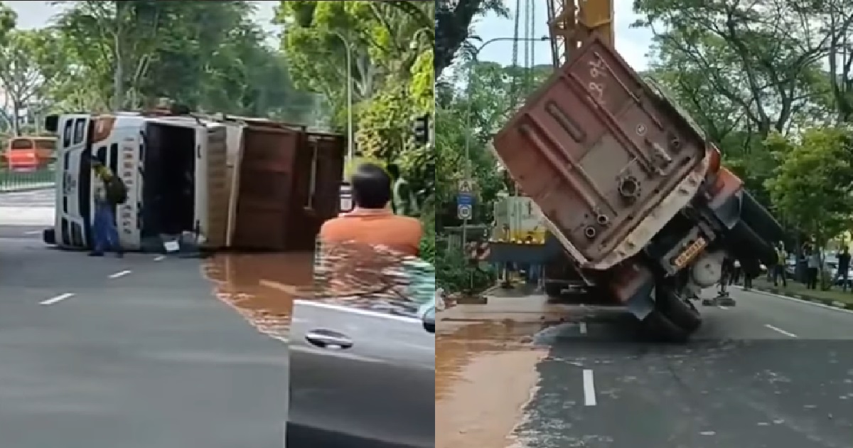 LORRY CRASHED & FLIPPED OVER, SPILLING BROWN LIQUID & BLOCKING OFF THE ...