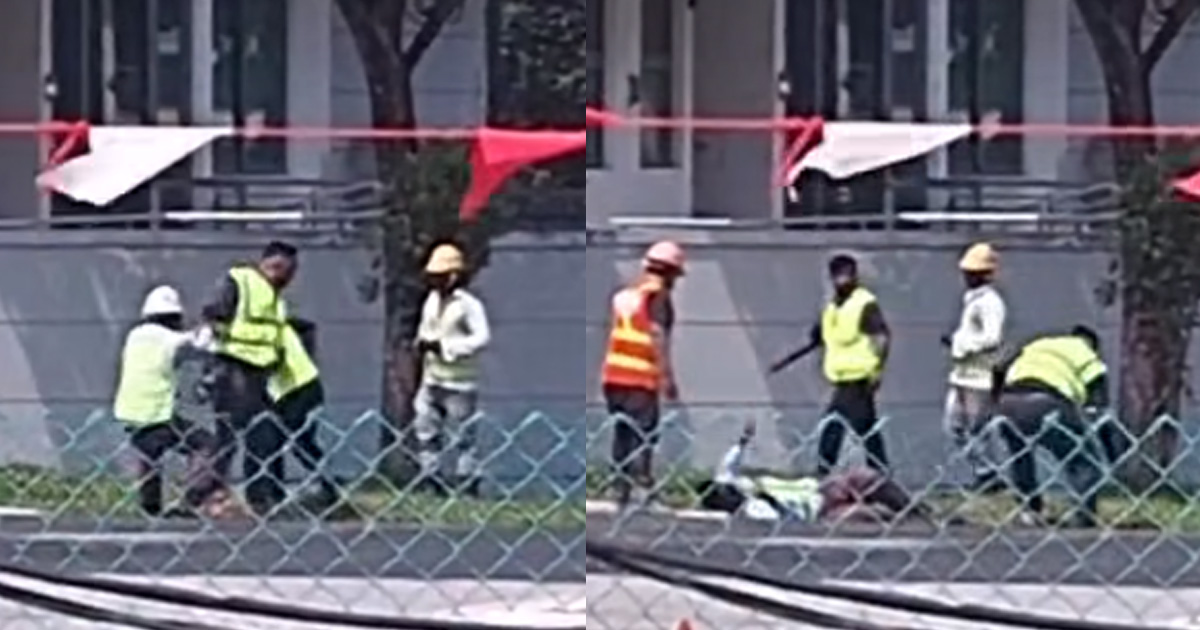 CONSTRUCTION WORKERS FIGHTING BY THE ROAD, OVERWEIGHT MAN HITS OTHERS
