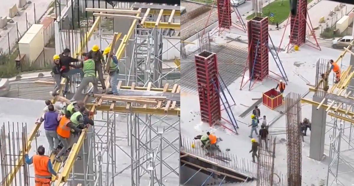 FOREIGN WORKERS SPOTTED HAVING 'ROYAL RUMBLE' ON CONSTRUCTION ROOF
