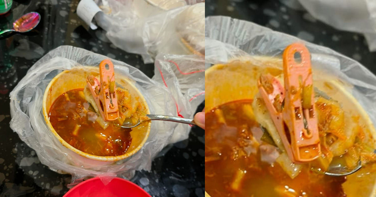 DINER AT JURONG POINT ORDERS TOM YAM FISH SOUP, INSIDE GOT LAUNDRY CLIP