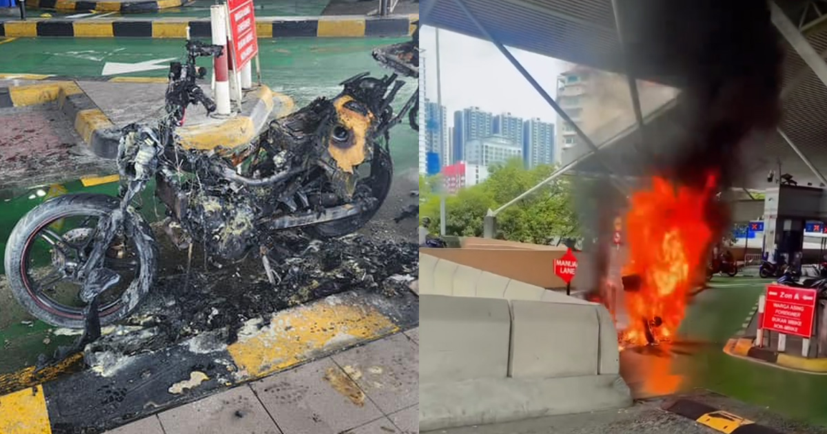 MOTORBIKE GOES ON FLAMES AT JOHOR CUSTOMS, BURNED TO A CRISP
