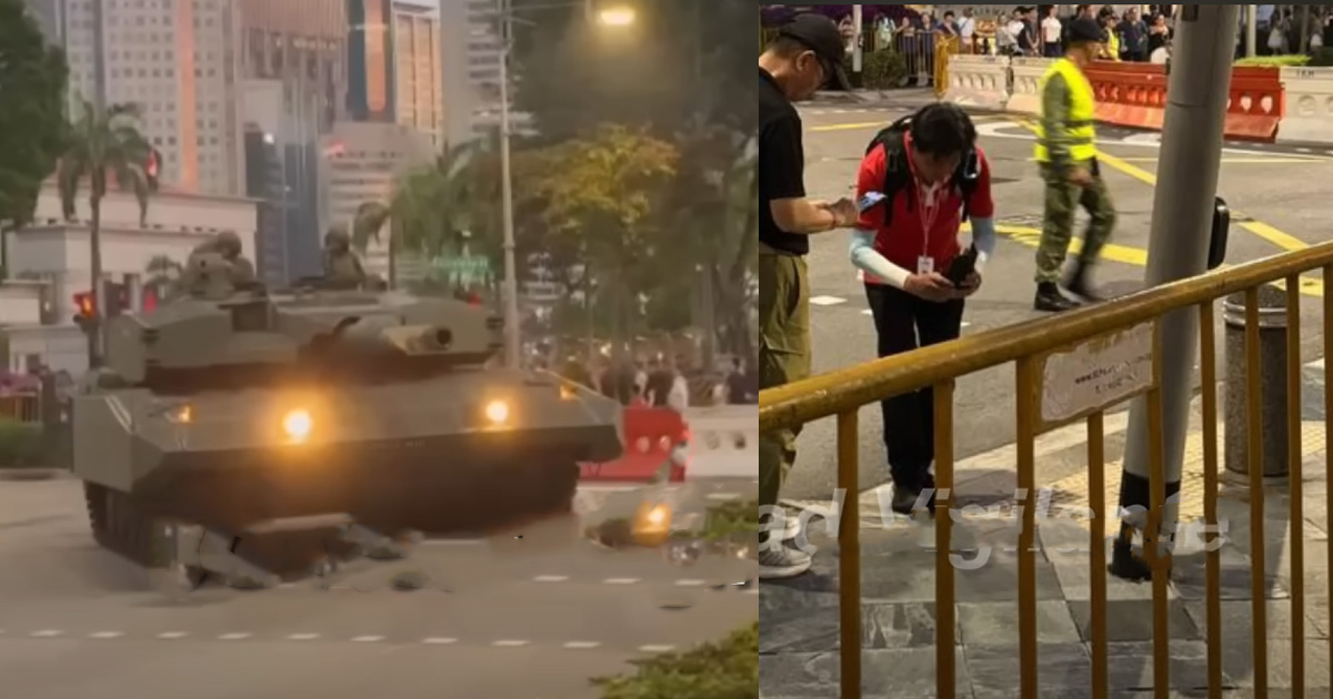 SAF Leopard Tank Clips Traffic Lights During National Day Rehearsal ...