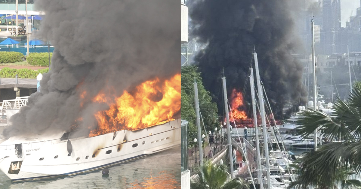 FIRE ERUPTS ON LUXURY SUPERYACHT AT SENTOSA COVE MARINA, THICK SMOKE ...
